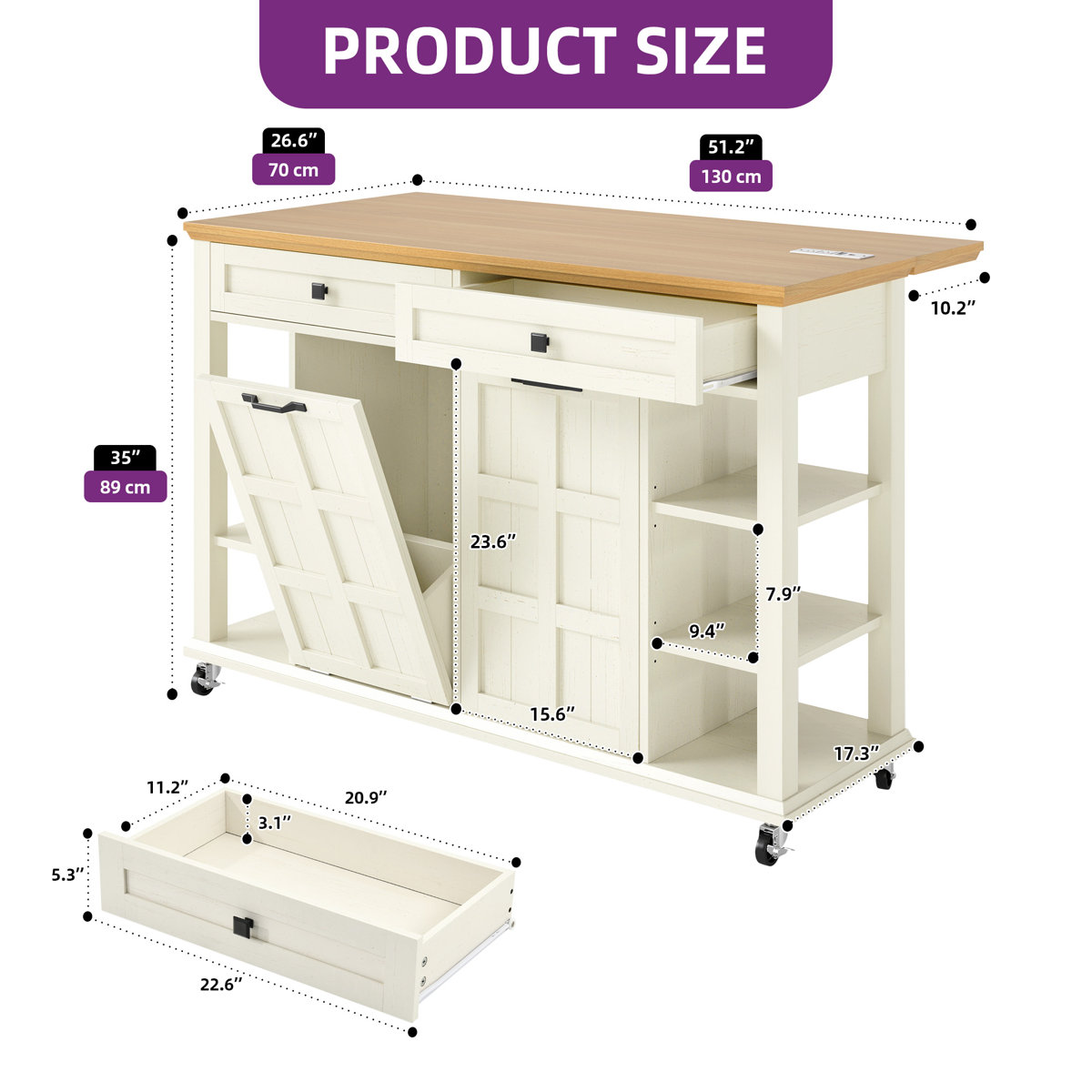 Lark Manor™ Kitchen Island With Power Outlet, Drop Leaf & Trash Can Storage On Wheels | Wayfair